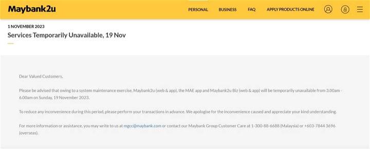 Maybank 11月进行3次维修 Maybank2U与MAE皆无法使用_马来西亚_新闻_华人头条