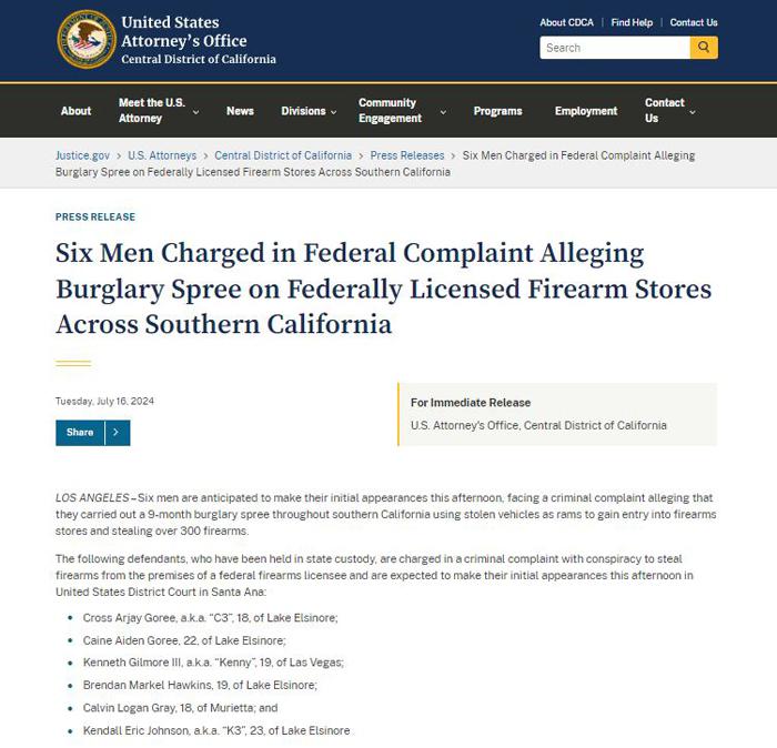 南加州盗窃逾300支枪支 六人团伙落网受审_中国台湾_新闻_华人头条